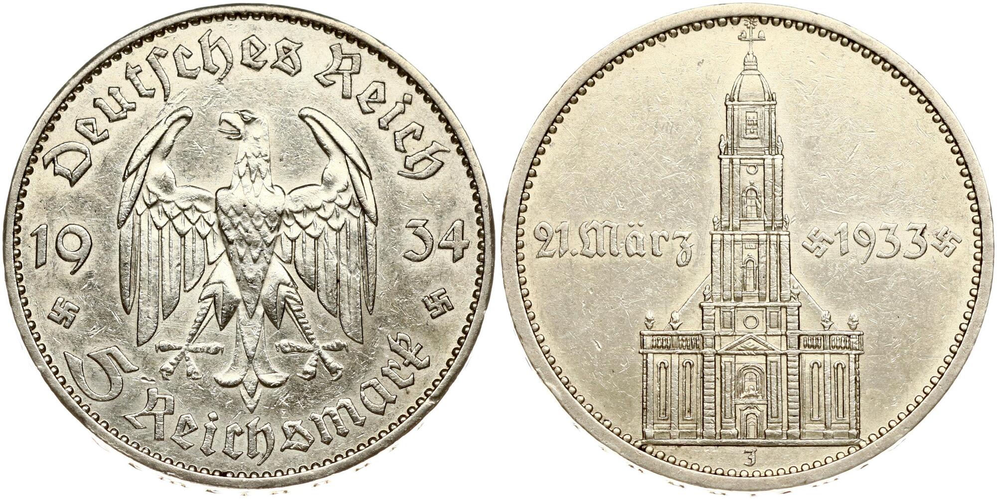 5 Reichsmark 1934 J "Garnisonkirche mit Datum" - Silbermünze Wert ...