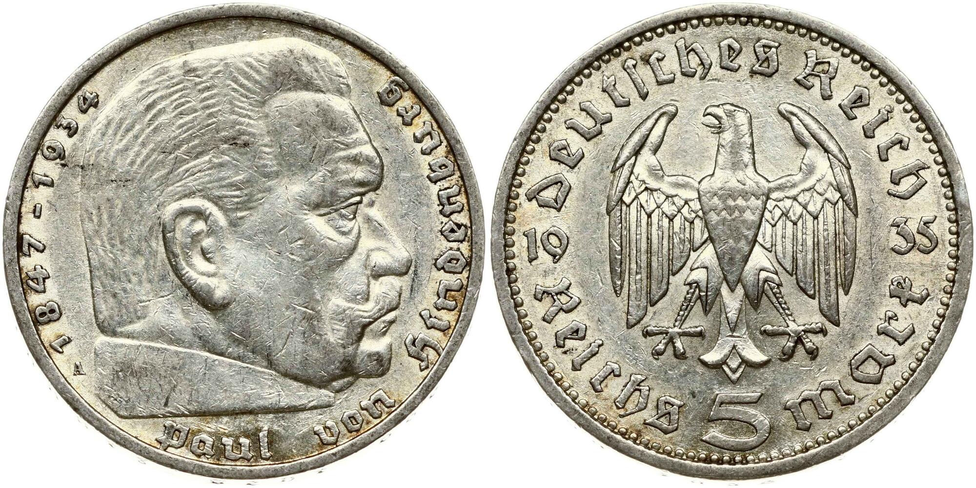 5 Reichsmark 1935 A "Hindenburg" - Silbermünze Wert - Deutschland ...