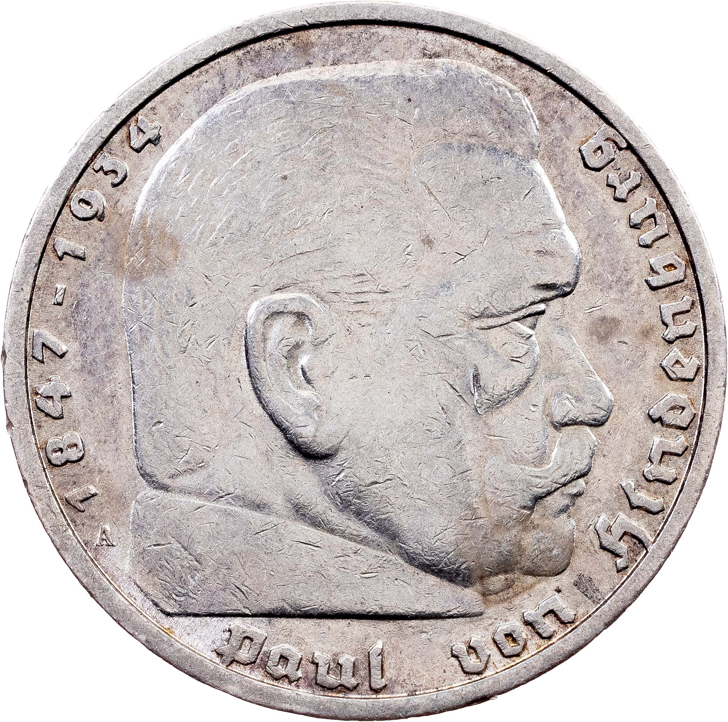 5 Reichsmark 1935 A "Hindenburg" - Silver Coin Value - Germany, Third Reich