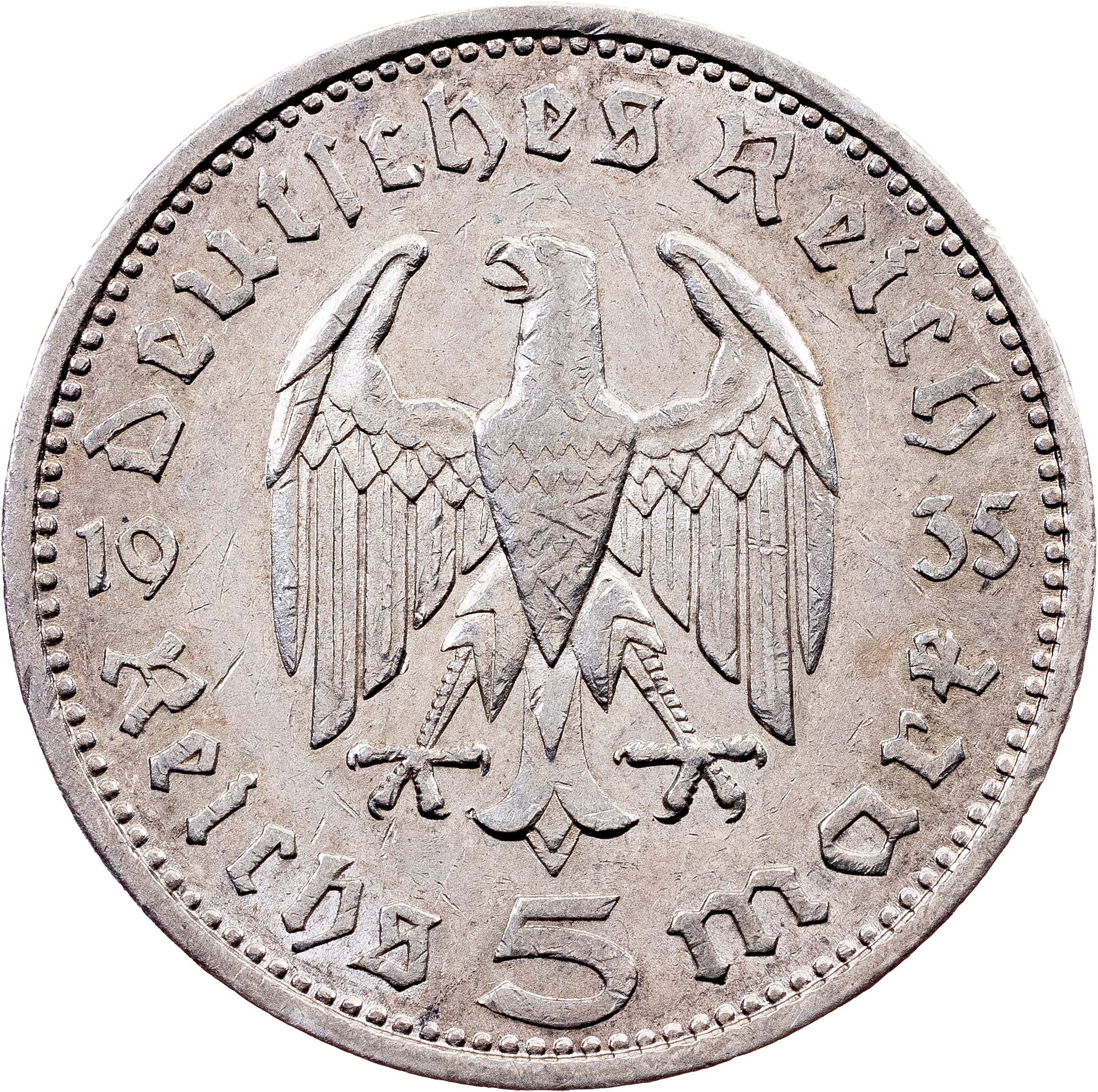 5 Reichsmark 1935 A "Hindenburg" - Silver Coin Value - Germany, Third Reich